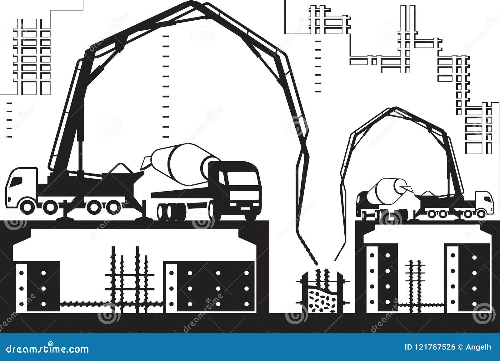 Concrete Pump Trucks on Construction Site Stock Vector - Illustration ...