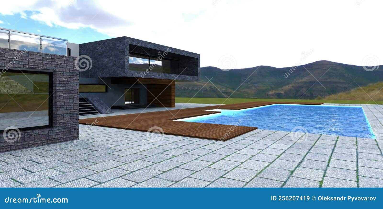 Concrete Rectangular Pavers In Front Of The Pool Of A Compact Villa ...