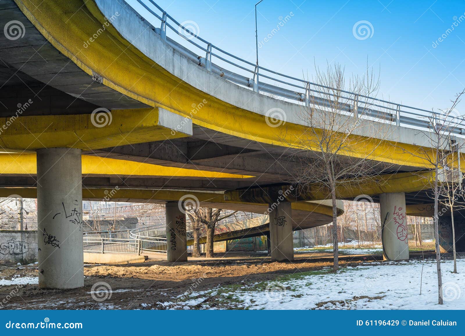 Concrete Road Bridge with Painted Pillars in Yellow Stock Image - Image ...