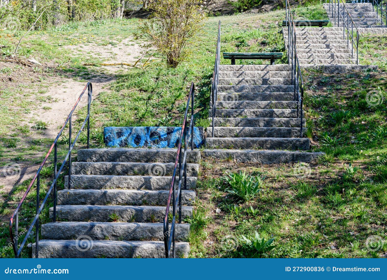 Concrete Stairs in Park. Shade, Sun, Plants Stock Photo - Image of ...