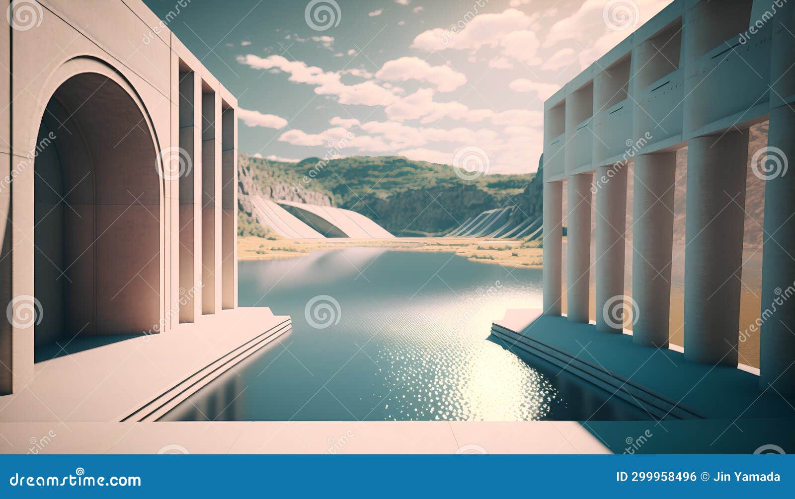 Concrete Structure of a Dam with a Lake. 3d Rendering Stock ...