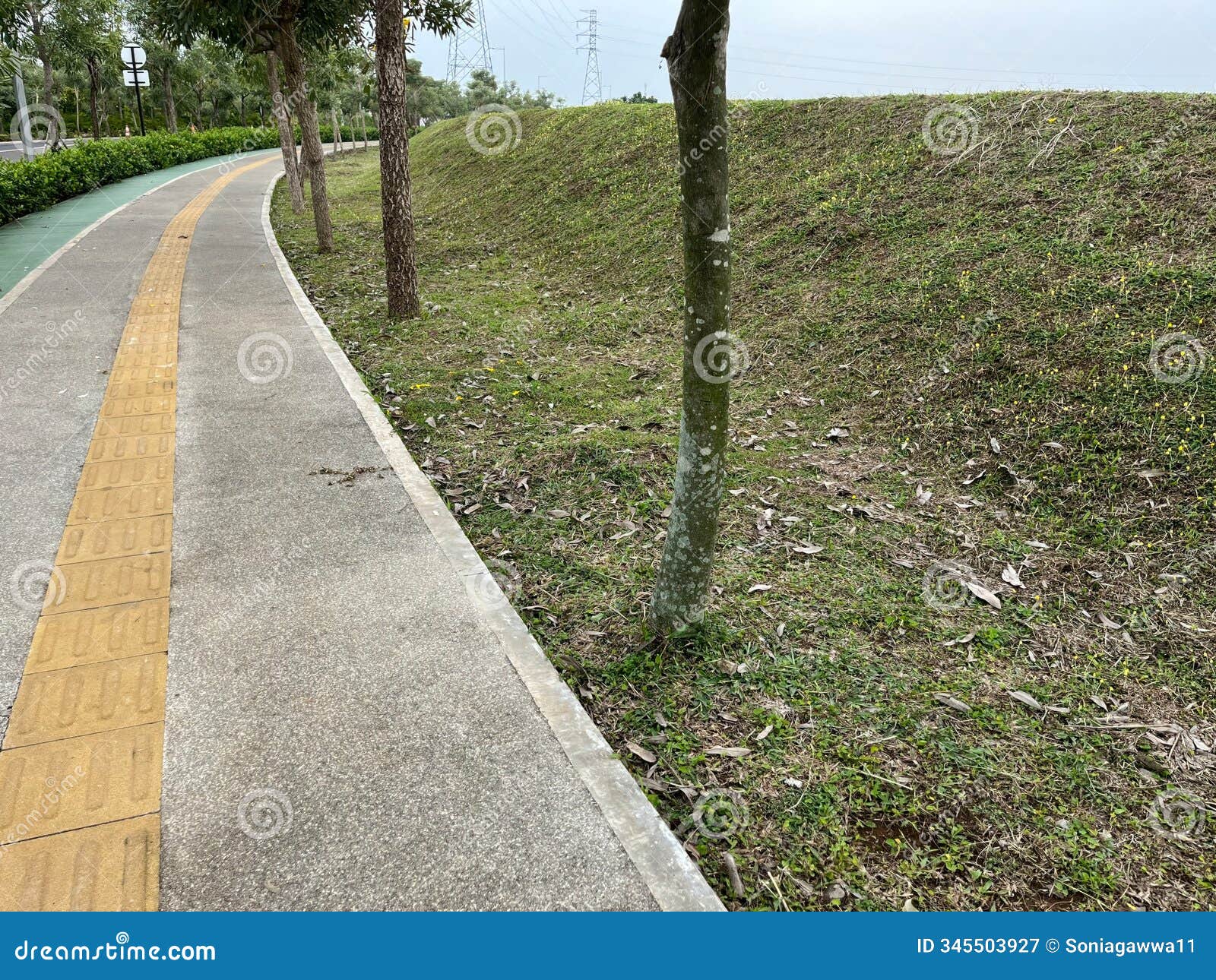 A Concrete Walkway beside a Grassy Slope and Trees in a Park-like ...