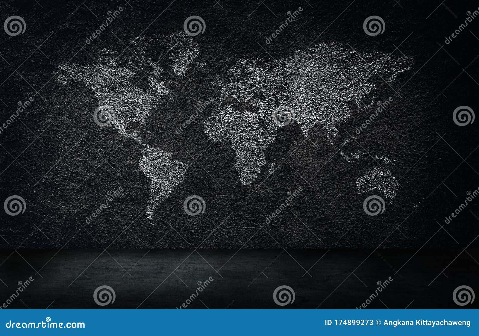 World Map on Concrete Wall Texture Background in Dark Room. Stock Image ...