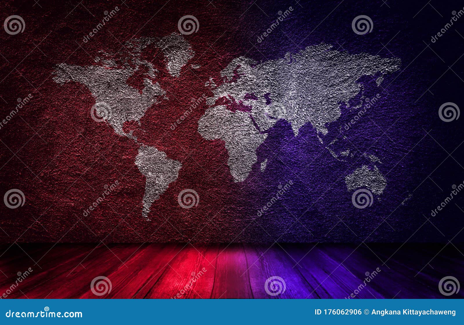 World Map on Concrete Wall Texture Background with Red and Blue Light ...