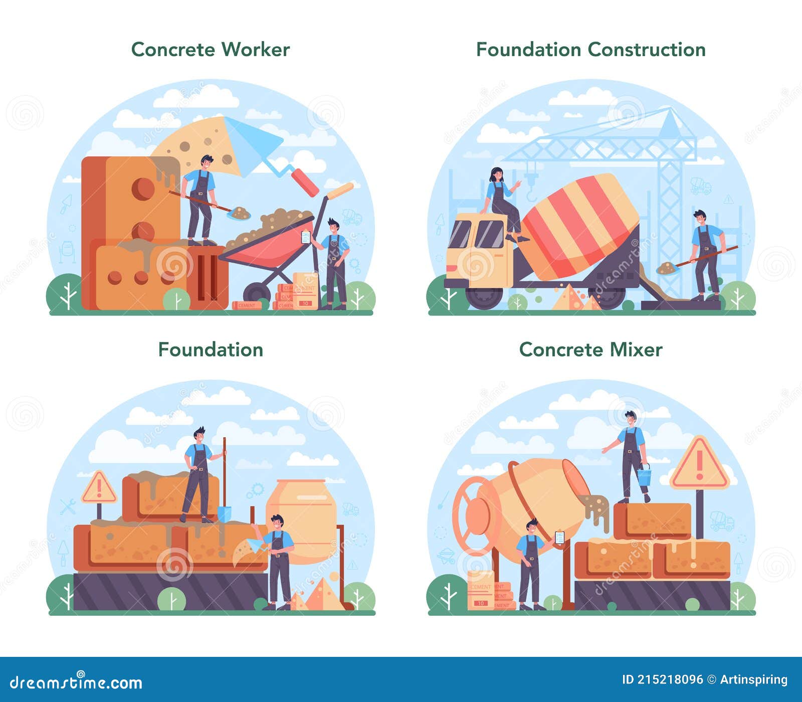 Concrete Worker Concept Set. Professional Builder Preparing Concrete ...