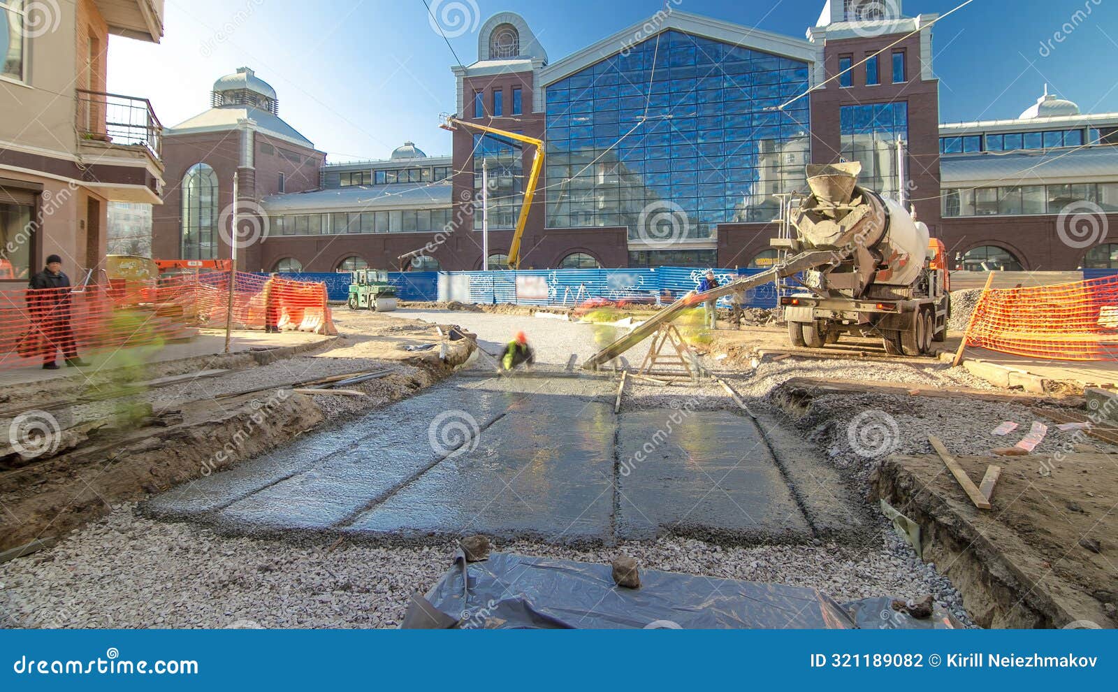 Concrete Works for Road Maintenance Construction Site with Many Workers ...