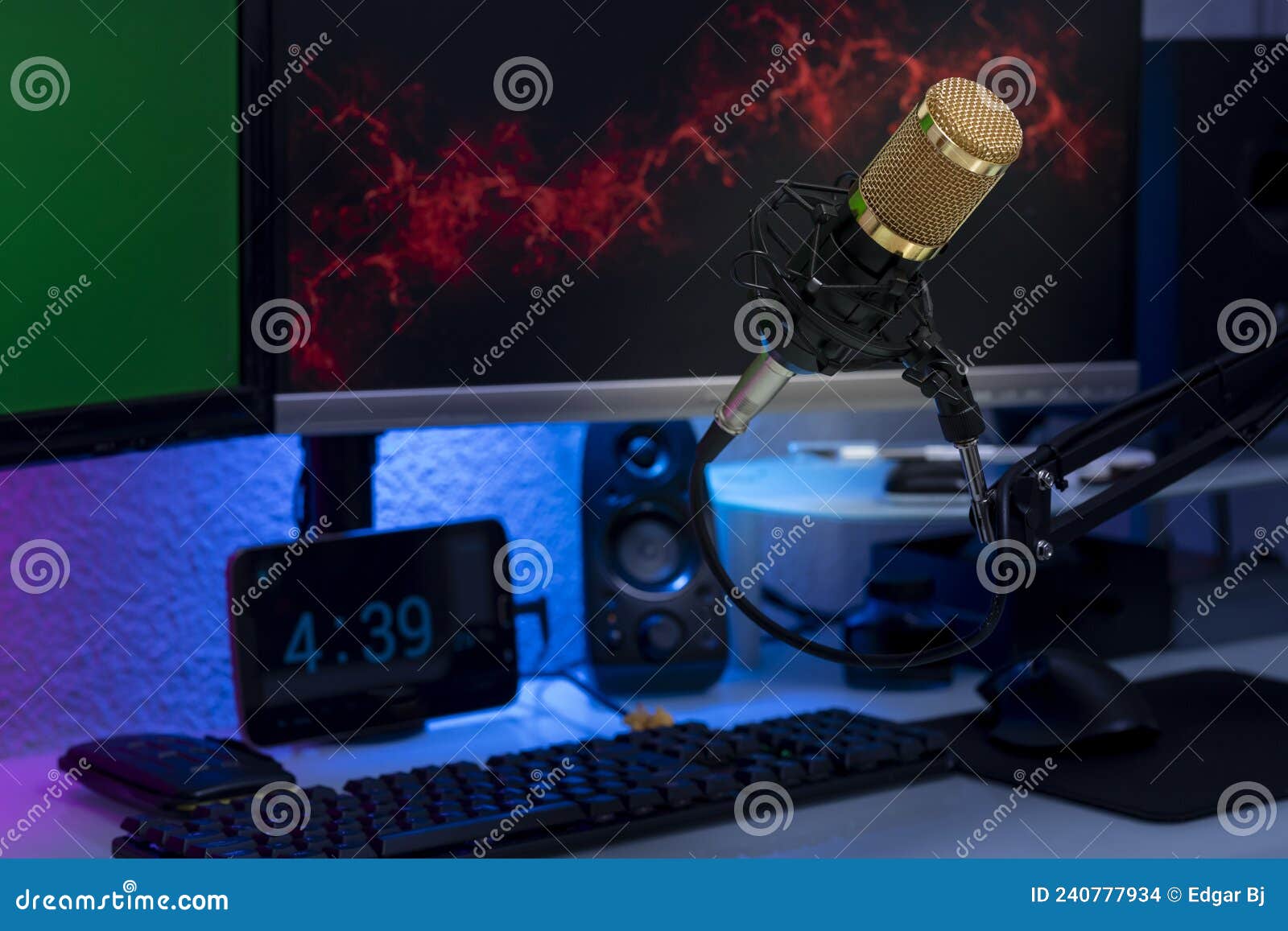 Condenser Microphone in Gamer Setup with Monitors, Keyboard, Mouse and ...