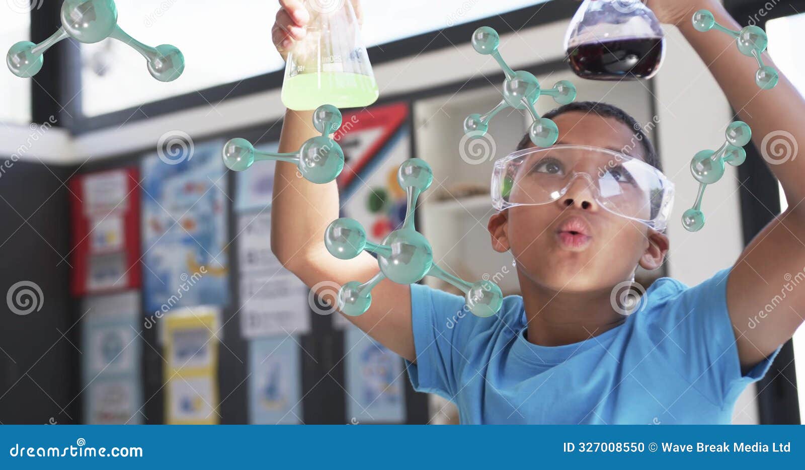 Conducting Science Experiment, Child Holding Beakers with Molecular ...