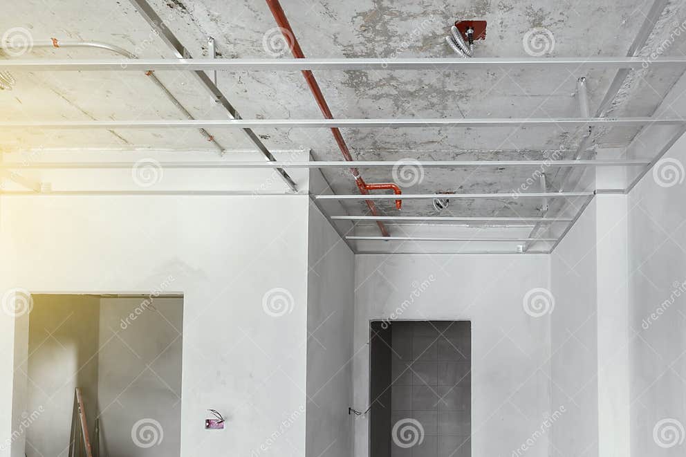 Conduit System and Automatic Fire Hoses in Construction Site. Stock ...