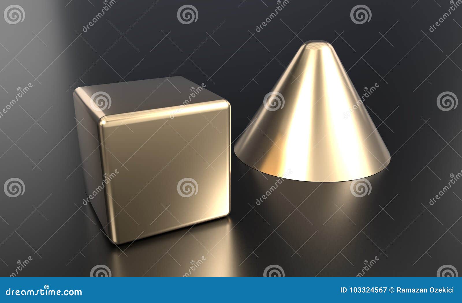 Cone and Cube Gold Colored, 3d Rendering Stock Illustration ...