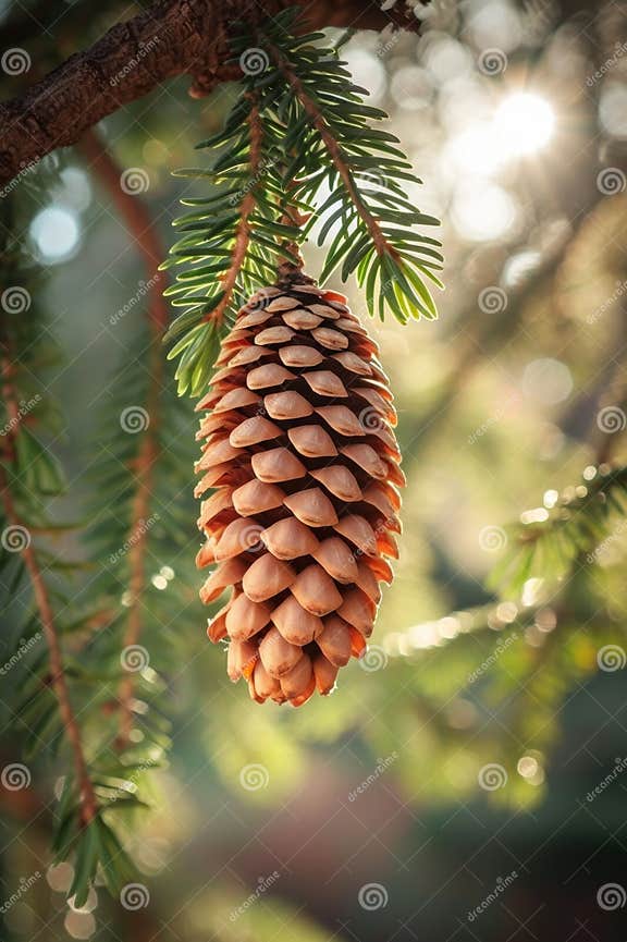 A Cone is Hanging on a Branch of a Pine Tree in the Forest. Cedar Cone ...