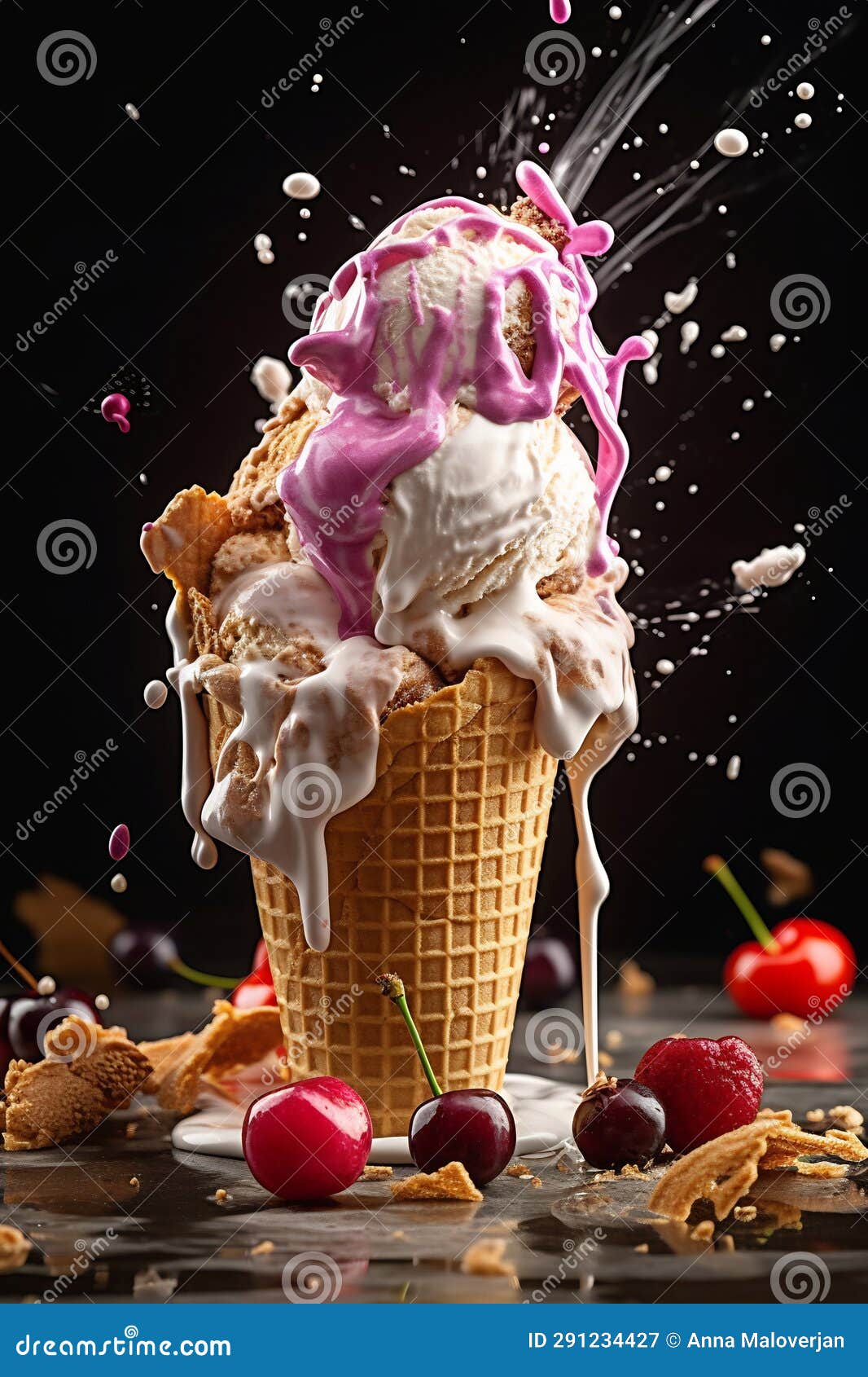 A Cone Ice Cream and Berries in a Color Explosion Stock Image - Image ...