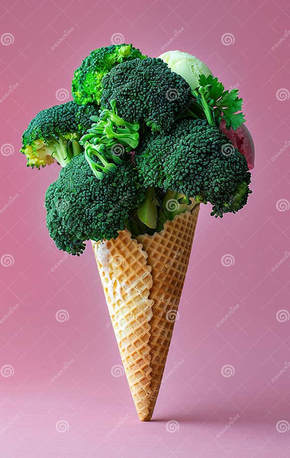 A Cone of Ice Cream with a Bunch of Broccoli on Top Stock Photo - Image ...