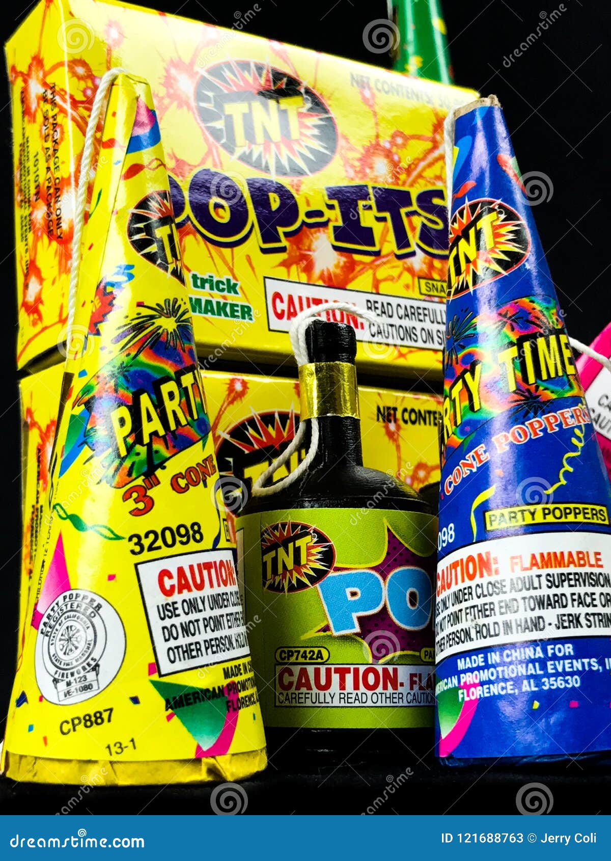 Low Grade Hand Held Fireworks Like Pop Its And Party Poppers On A Black ...
