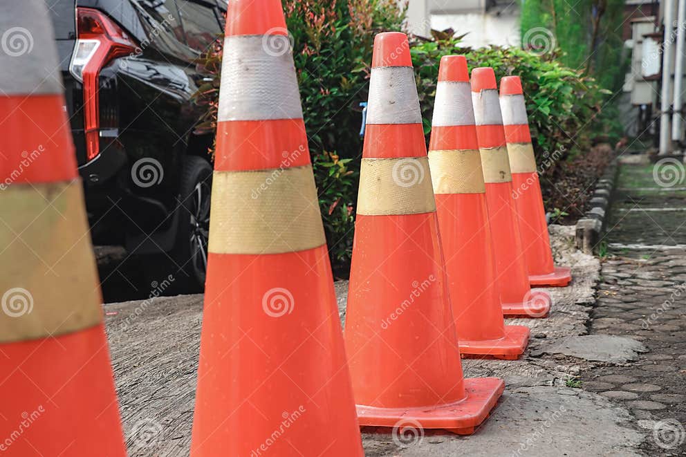 A Row of Safety Cones, Photographed from Close Range Stock Photo ...