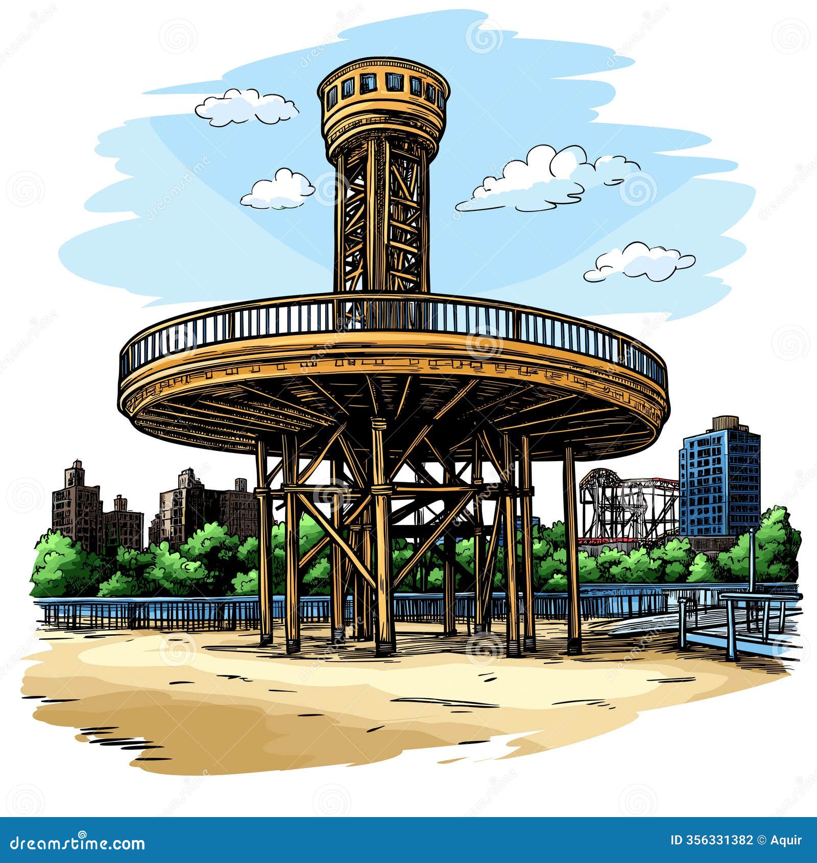 Coney Island in New York. Vector Comic Hand-drawn Illustration of Coney ...
