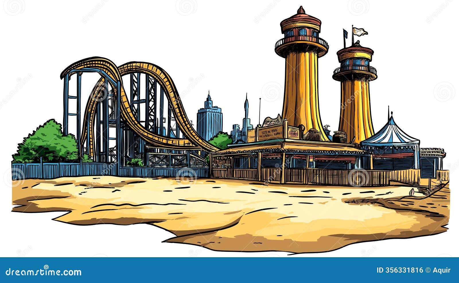 Coney Island in New York. Vector Comic Hand-drawn Illustration of Coney ...