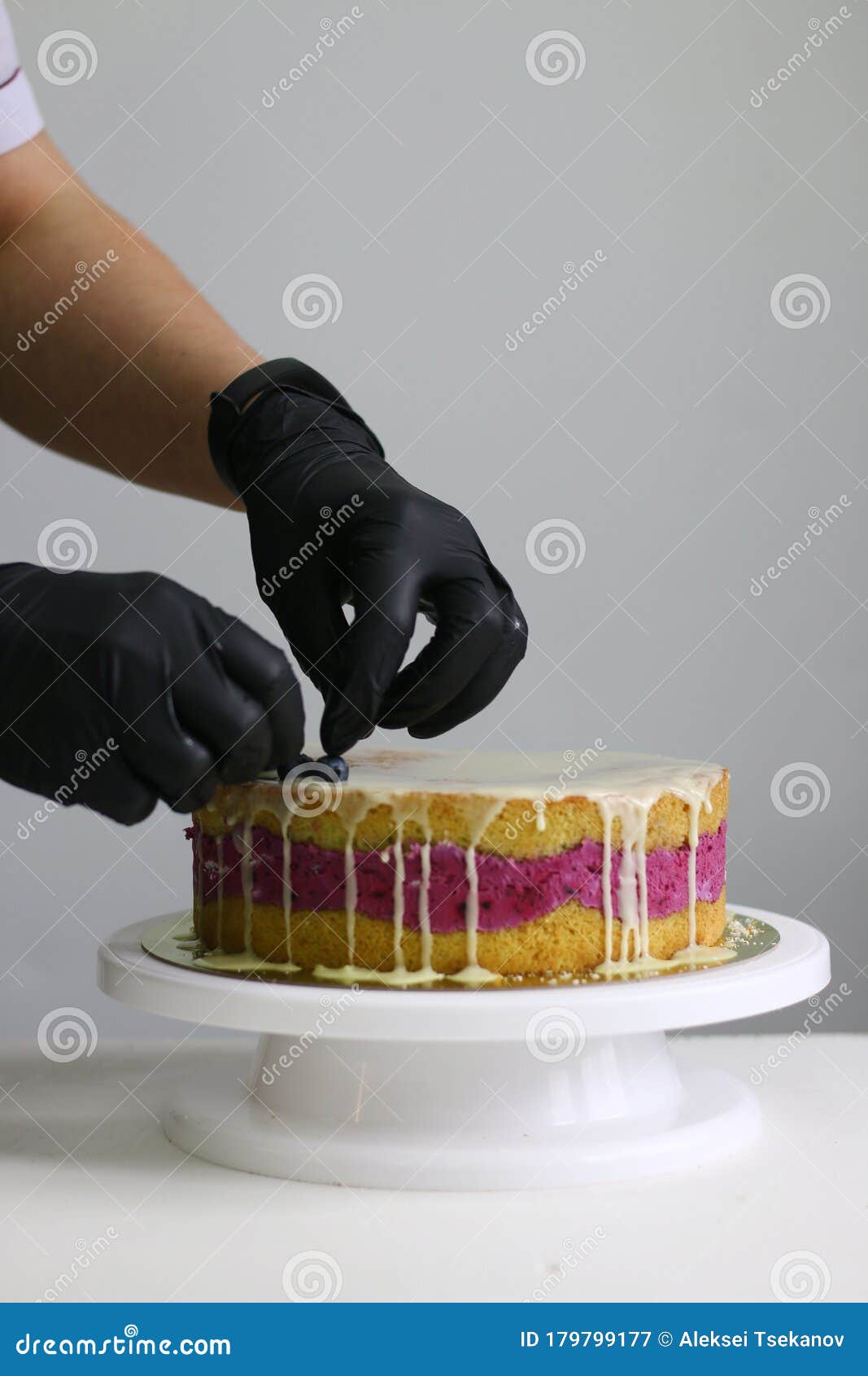 Confectioner Decorate Blueberry Cake. Cake Making Process. Dessert with ...