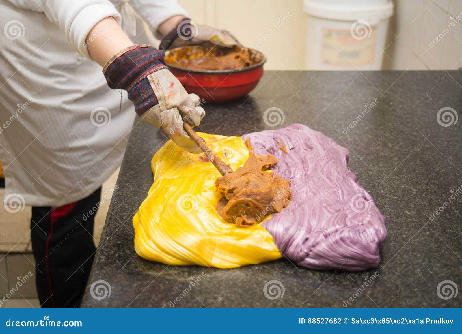 Confectioner Making Candies from Melted Sugar in Candy Workshop Stock ...