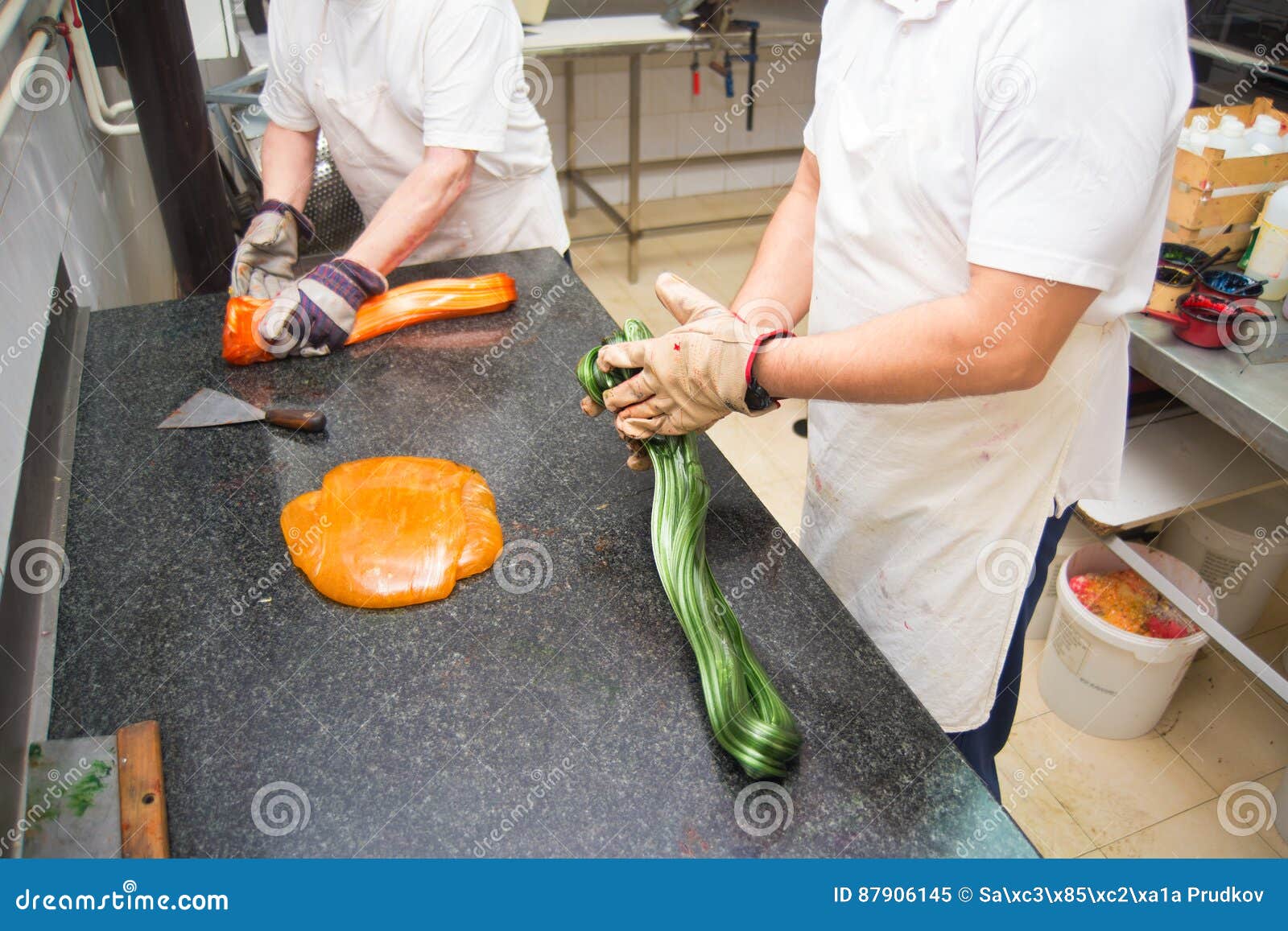 Confectioners Making Candies from Melted Sugar in Candy Workshop Stock ...