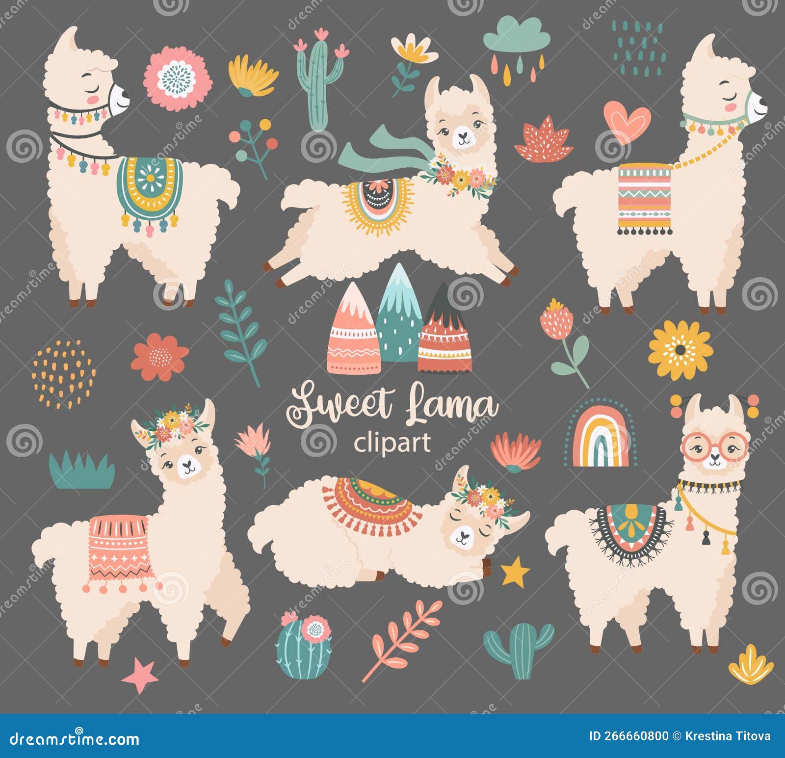 Cute Llama Clipart with Decorative Elements. Stock Vector ...