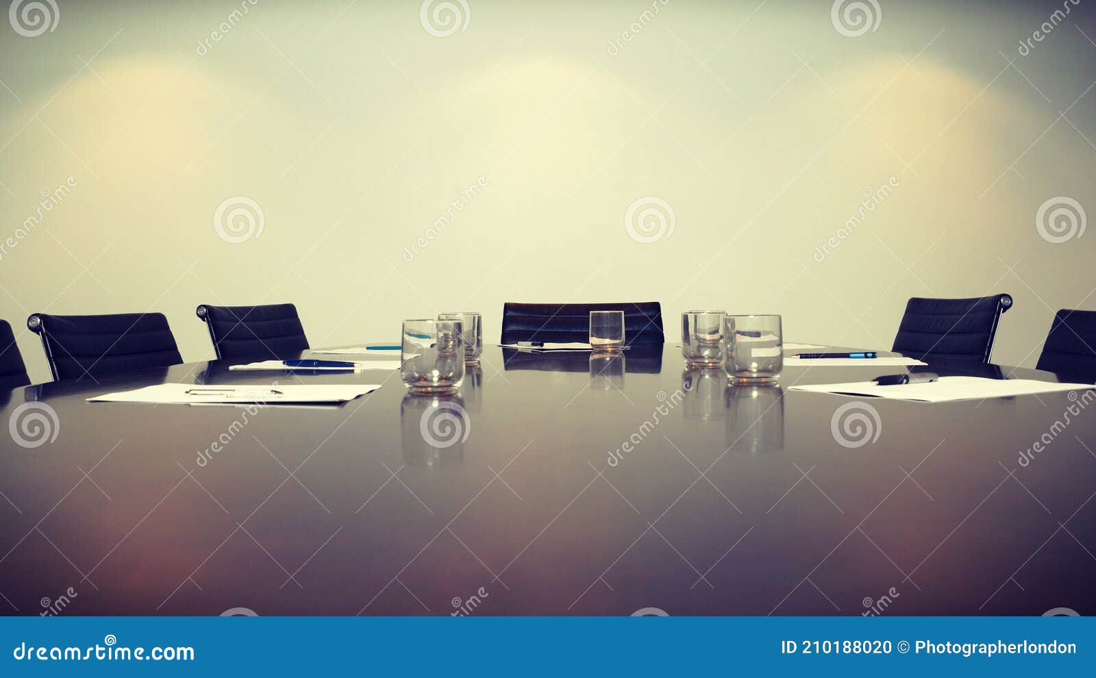 Conference Room with Arranged Water Glass and Documents at Table Stock ...