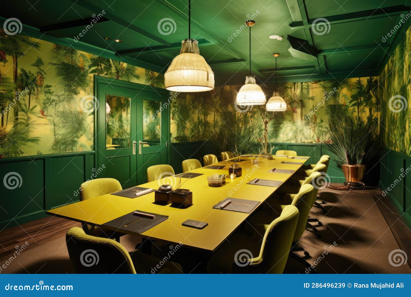 A Conference Room with a Green and Yellow Wallpaper Stock Illustration ...