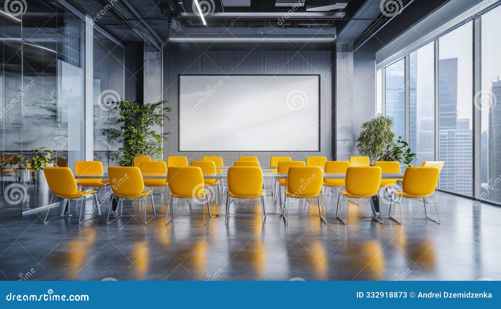 The Conference Room Has Yellow Chairs and a Blank Whiteboard. Stock ...