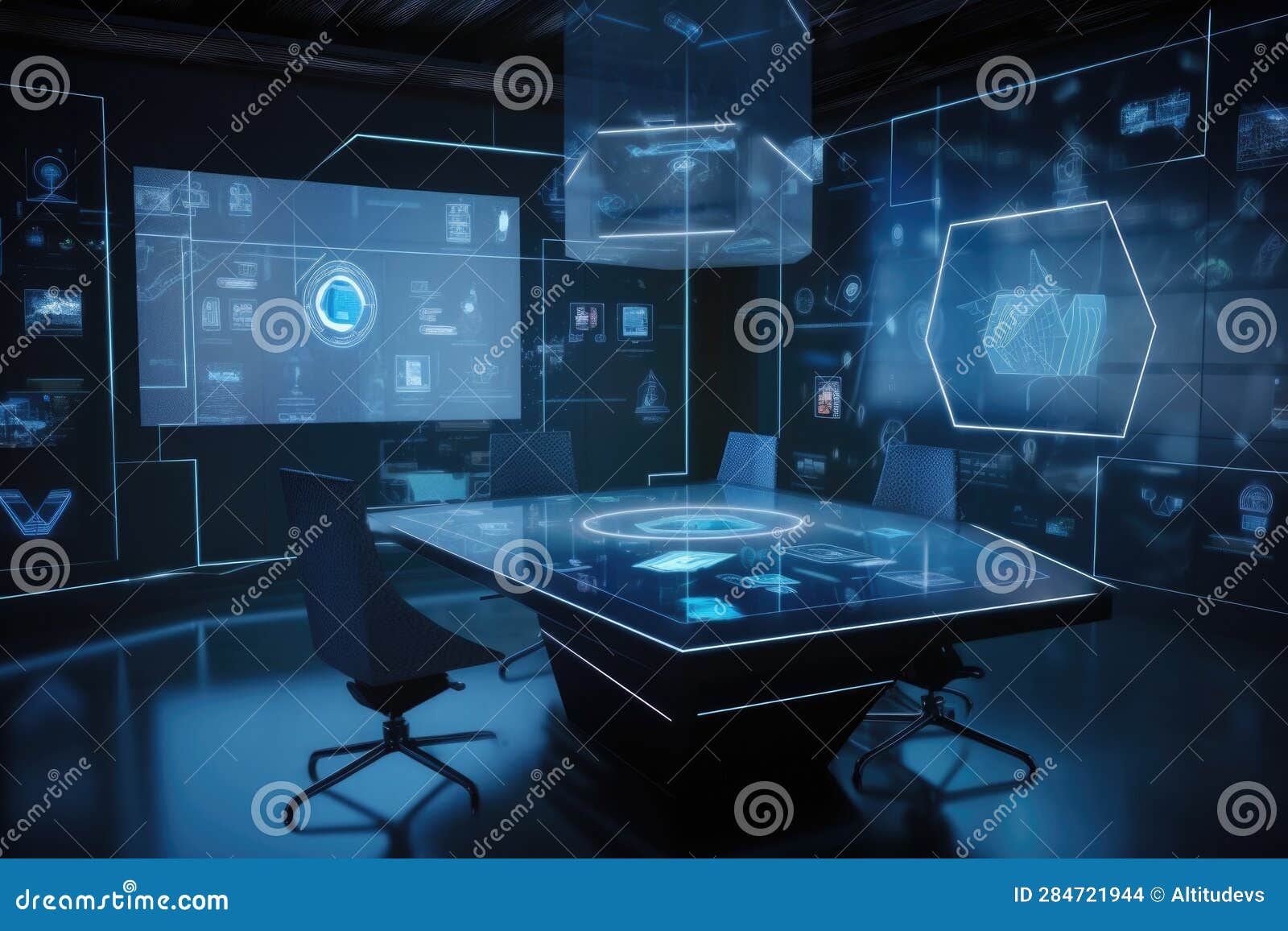 Conference Room with Holographic Display and Floating Icons Stock ...