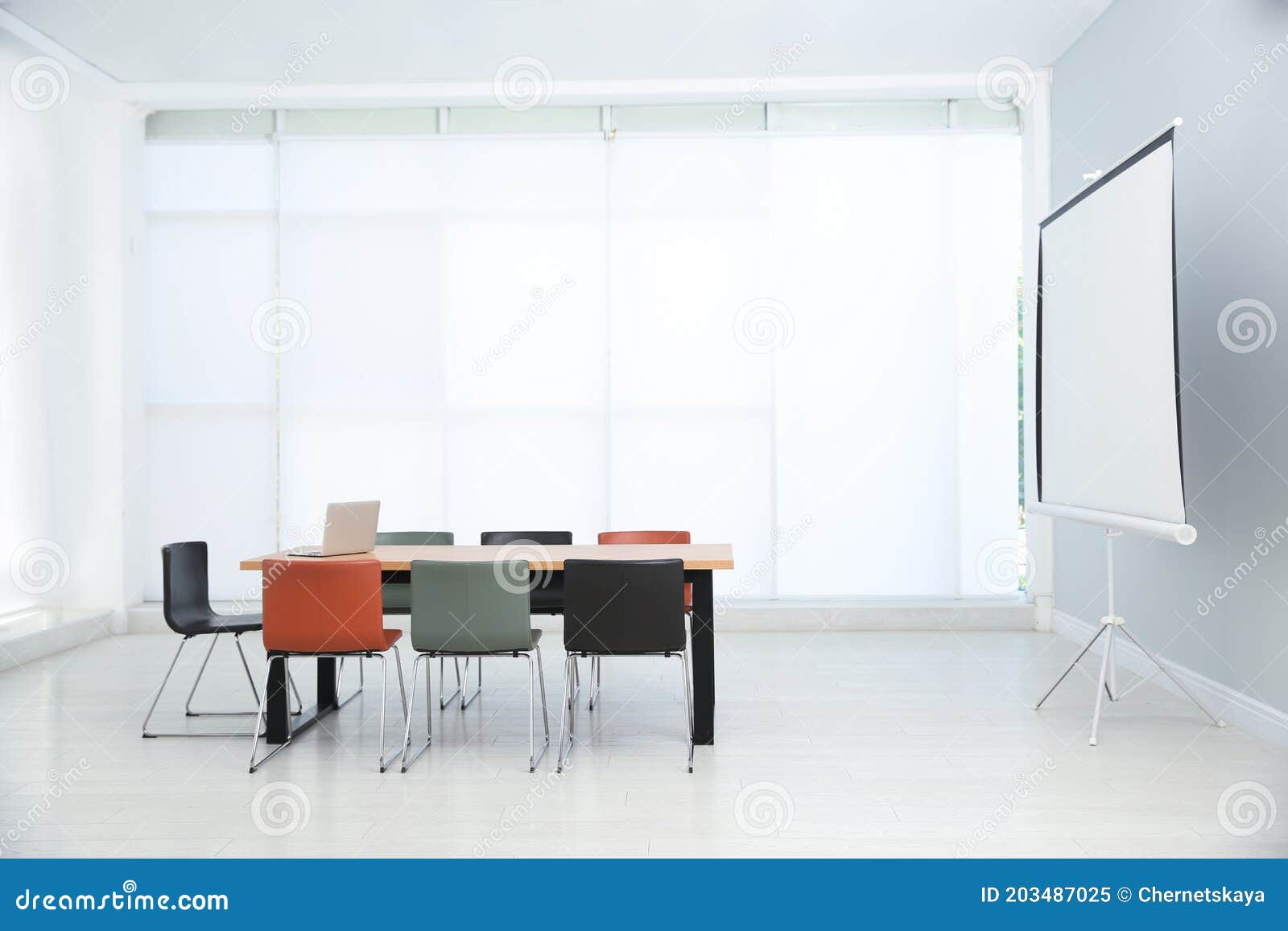 Conference Room Interior with Wooden Table and Video Projection Screen ...