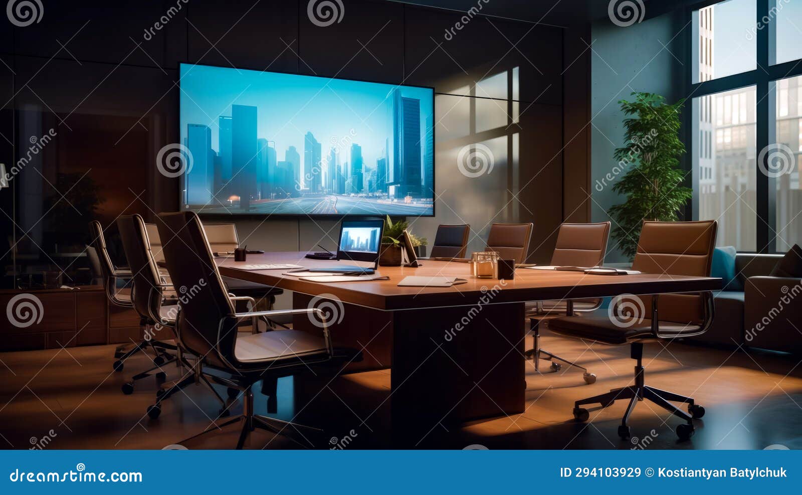 Conference Room with Large Screen and Laptop on Desk in Front of it ...