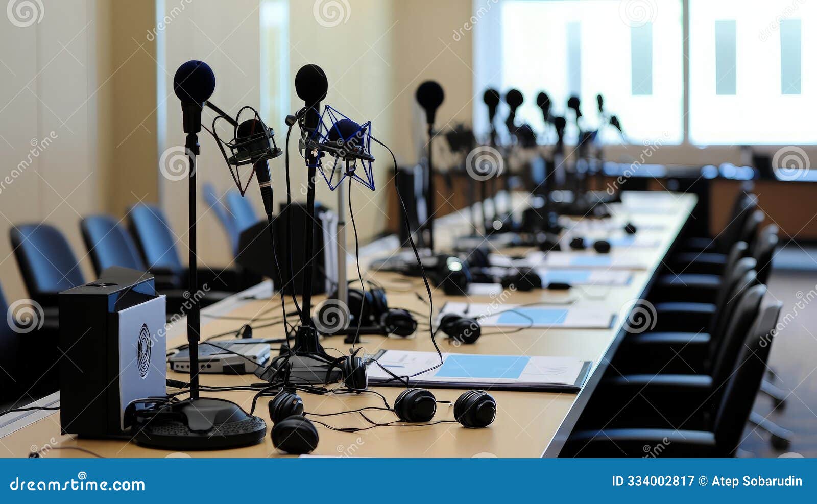 Conference Room with Microphones Stock Image - Image of black, space ...