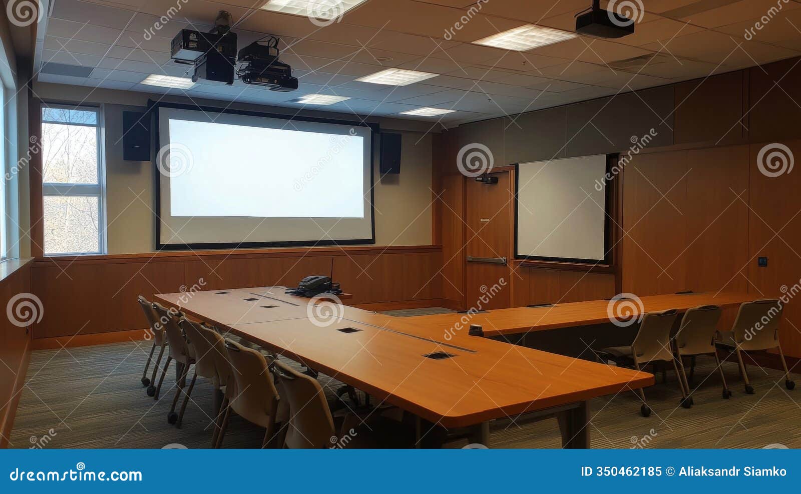 A Conference Room with a Projector Screen and Chairs Stock Illustration ...
