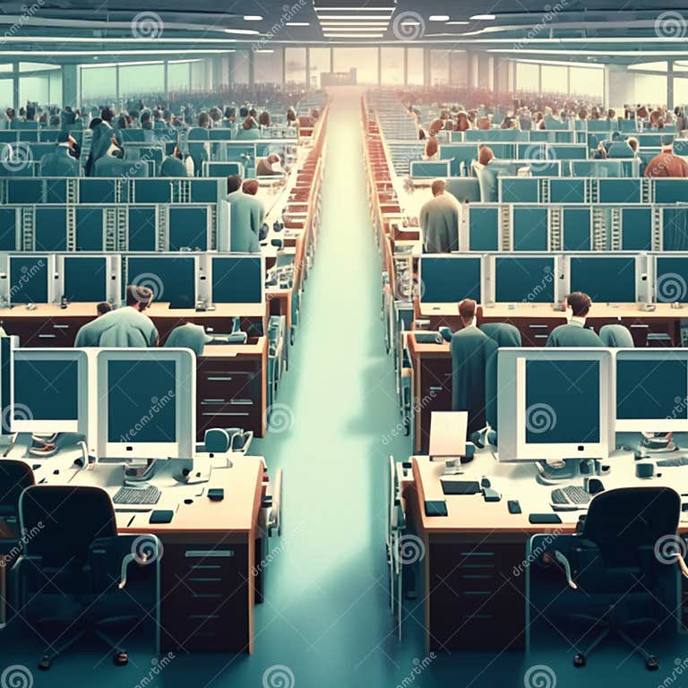 Conference Room with Rows of Computer Monitors and Computers. 3d Rendering Generative AI Stock ...