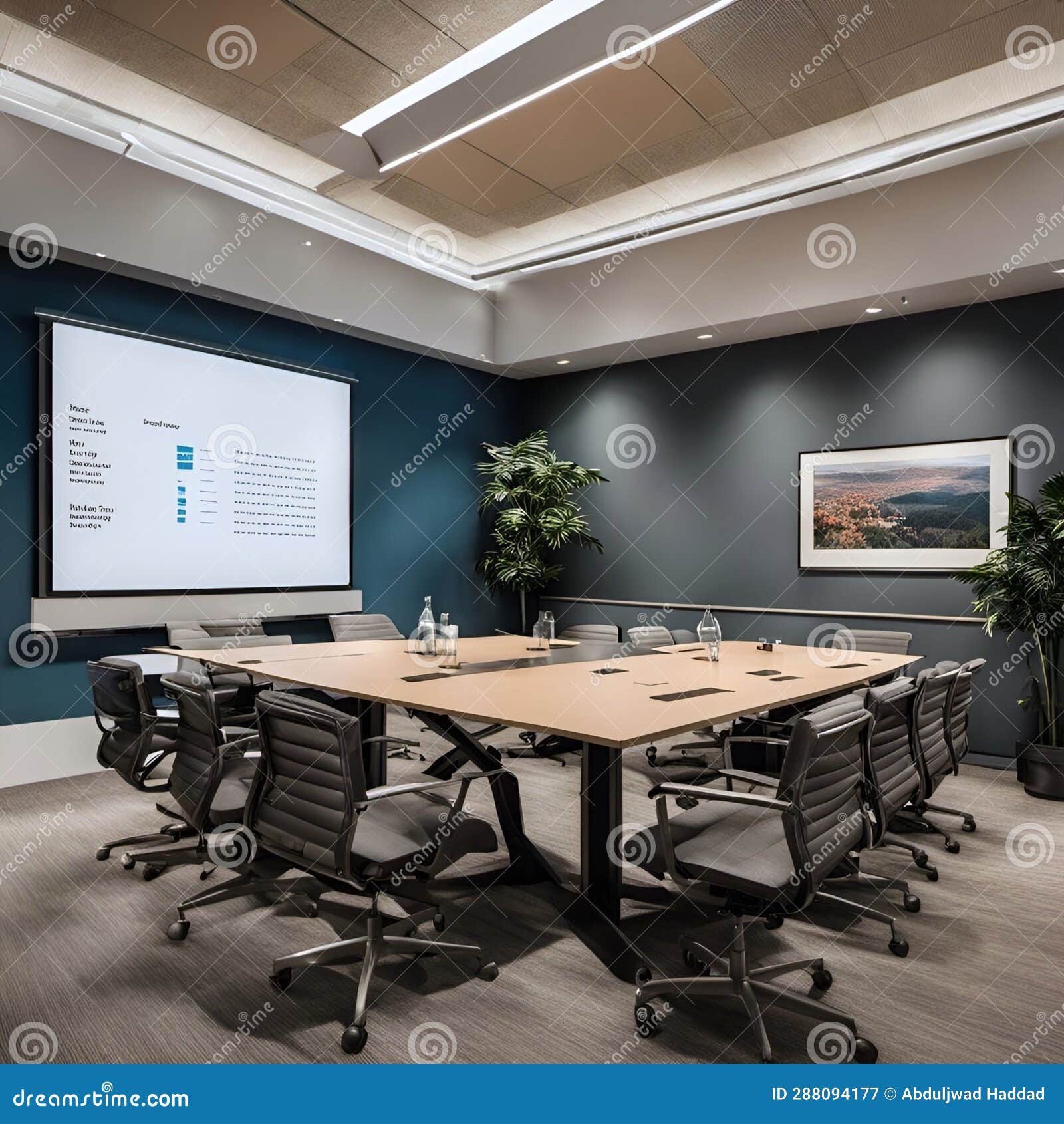 A Conference Room Setup with Presentation Slides on a Screen.AI ...