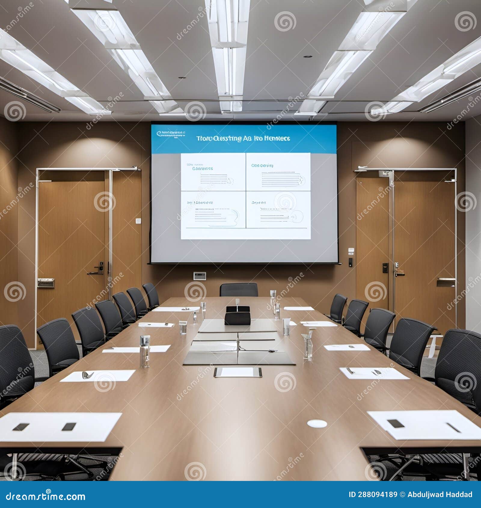 A Conference Room Setup with Presentation Slides on a Screen.AI ...