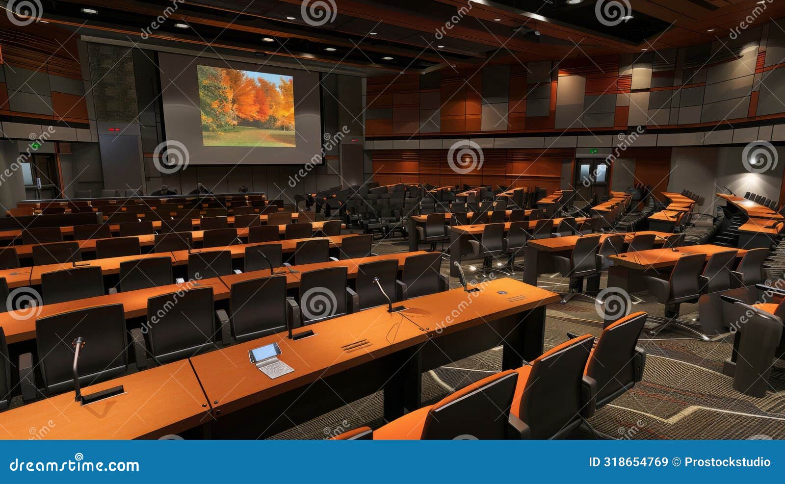 Conference Room Setup with Rows of Chairs and a Projection Screen Stock ...