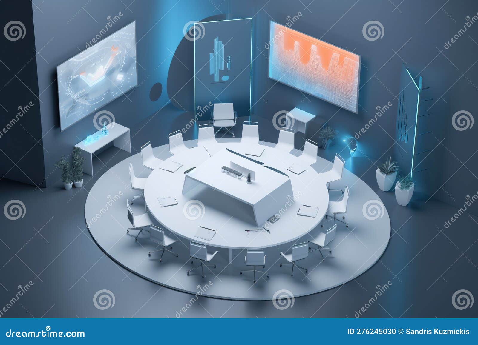 Conference Room with Touch Screens Around a Circular Conference Table ...