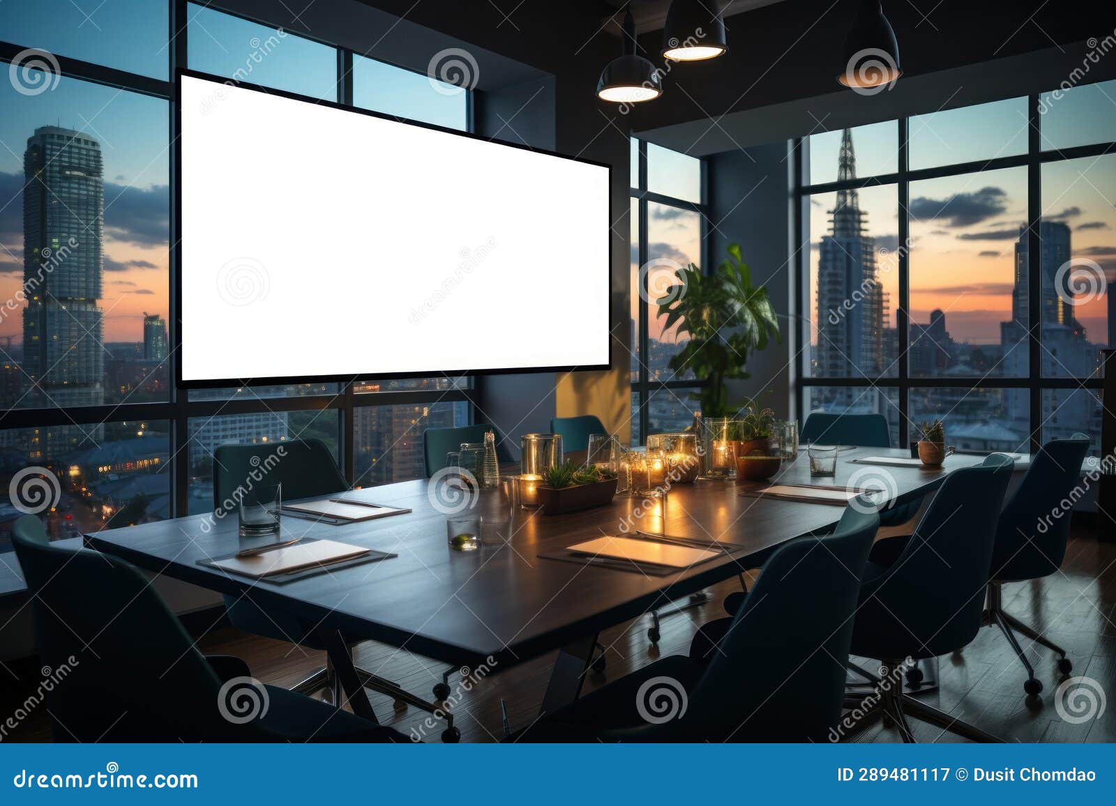 Conference Room with Walls and Big Windows and Led Display on the Wall ...