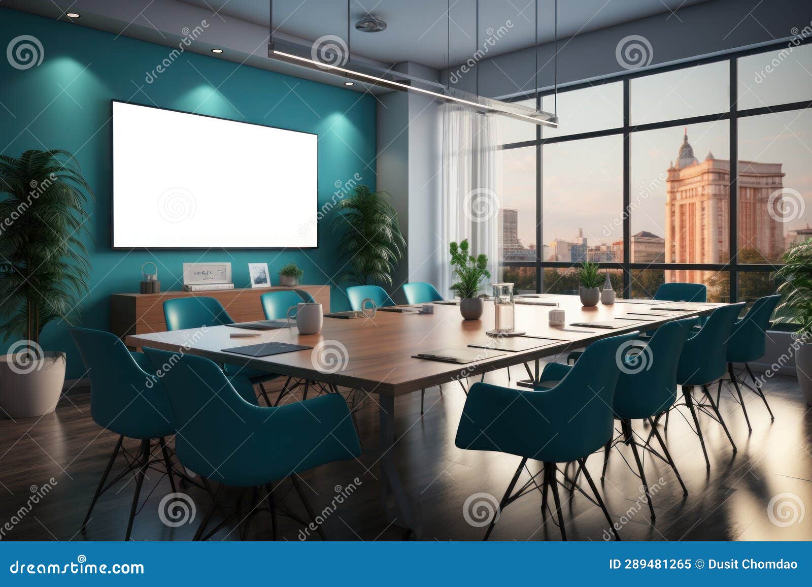 Conference Room with Walls and Big Windows and Led Display on the Wall ...