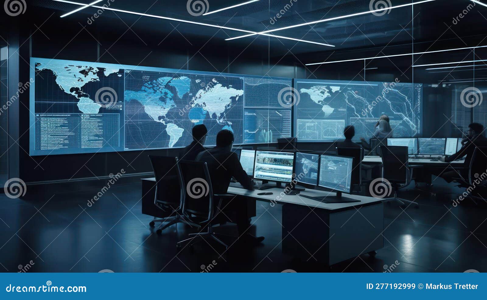 A Team of Workers Analyzing Data on Large Screens in a Conference Room ...