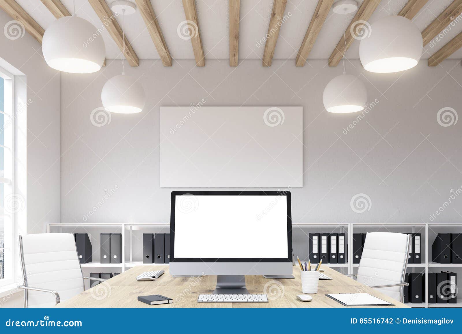 Conference Room with Wooden Table, Computer Stock Illustration ...