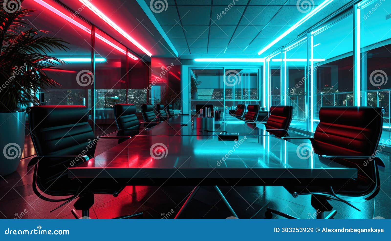 Conference Table with Blue Neon Lighting in the Office Stock ...