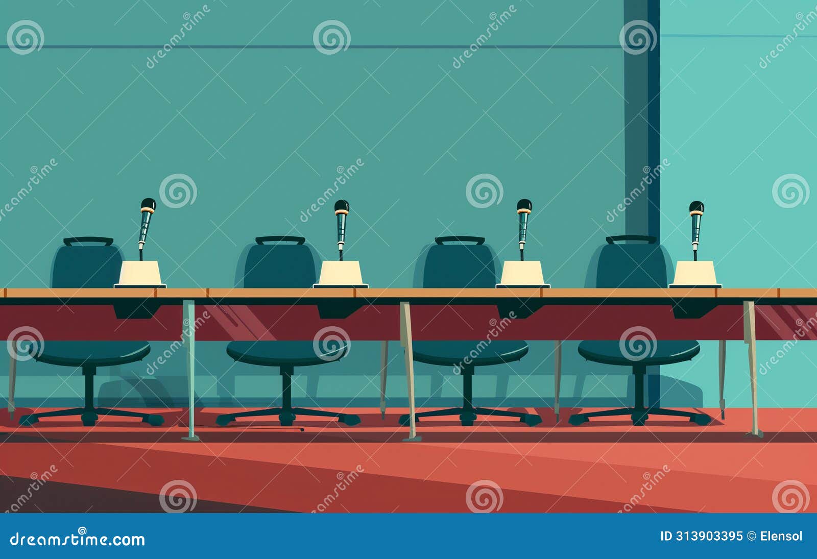 Conference Table with Microphones with Empty Chairs Behind the Table ...