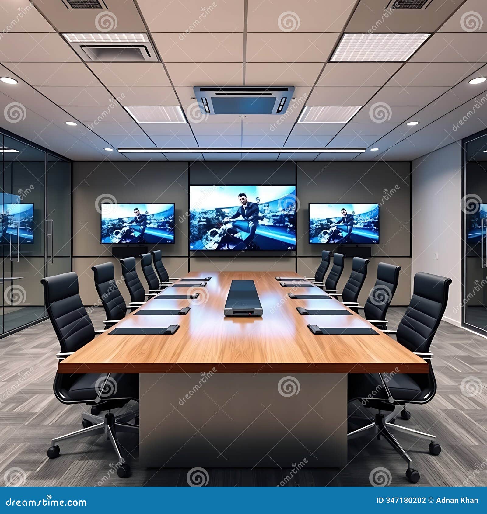A Conference Table in a Modern High Tech Meeting Room with Multiple ...