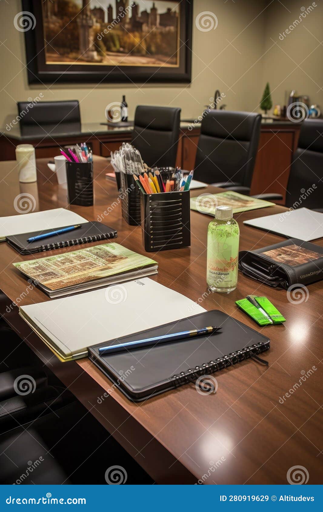 Conference Table with Notebooks, Pens, and Refreshments Stock ...