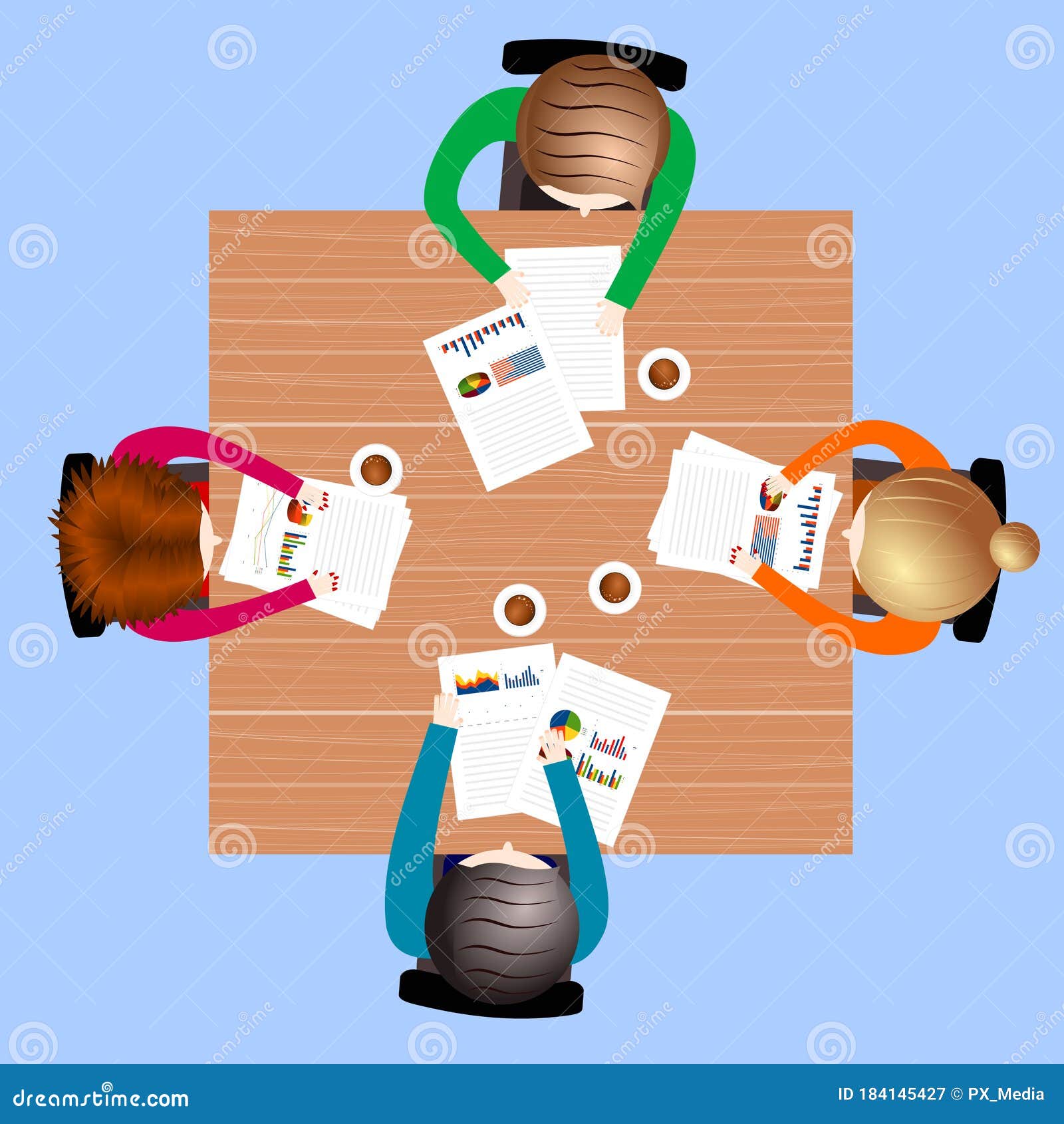 Conference Table, Teamwork Concept - Top View, Blue Background Stock ...