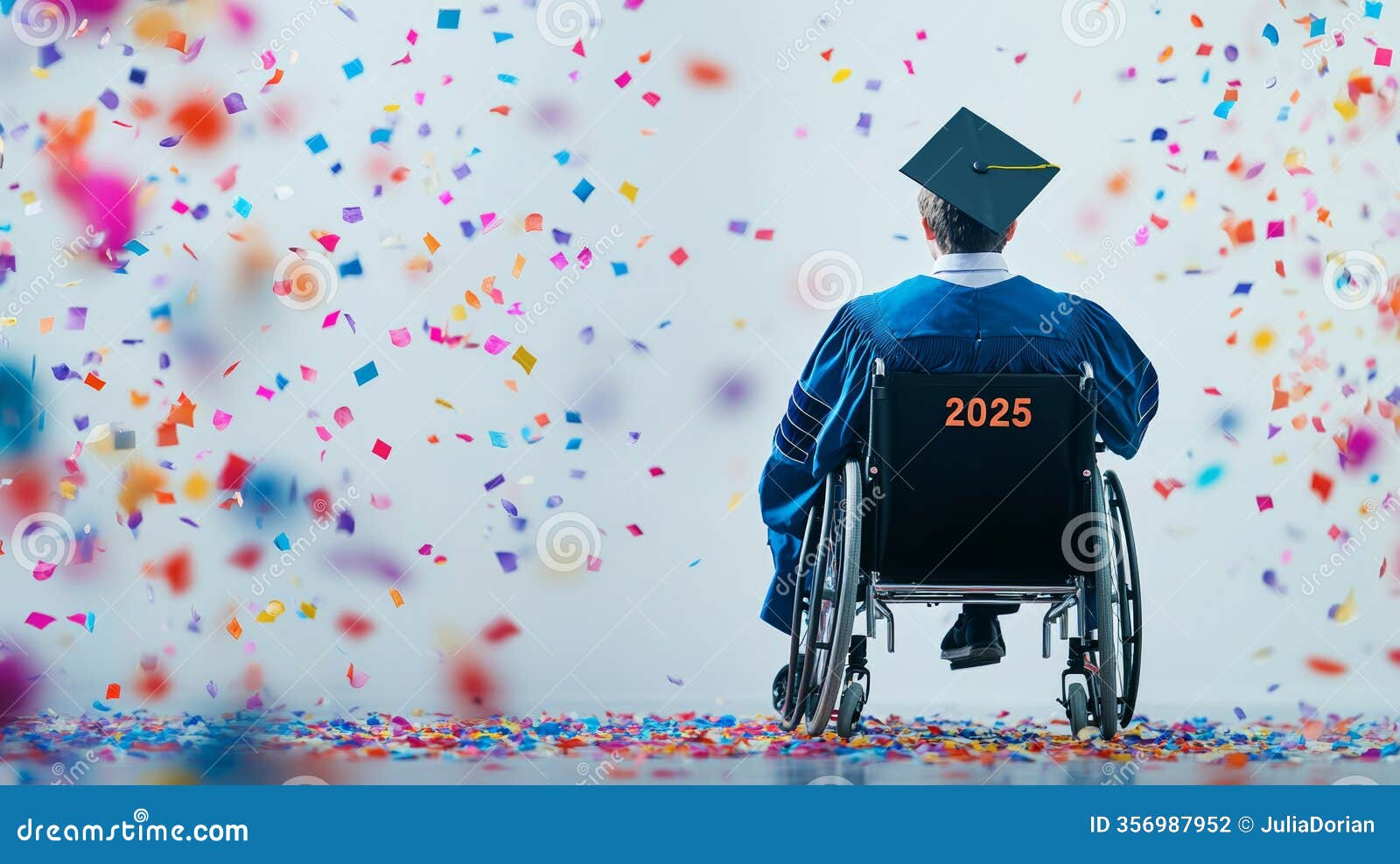 Confetti Falls On Back View Of Disabled Graduate Celebrating With ...