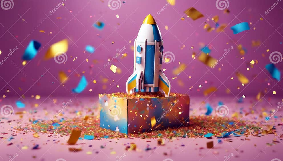 Confetti Gift Opened Render Confetti Launch Space 3d Rocket Box Three ...