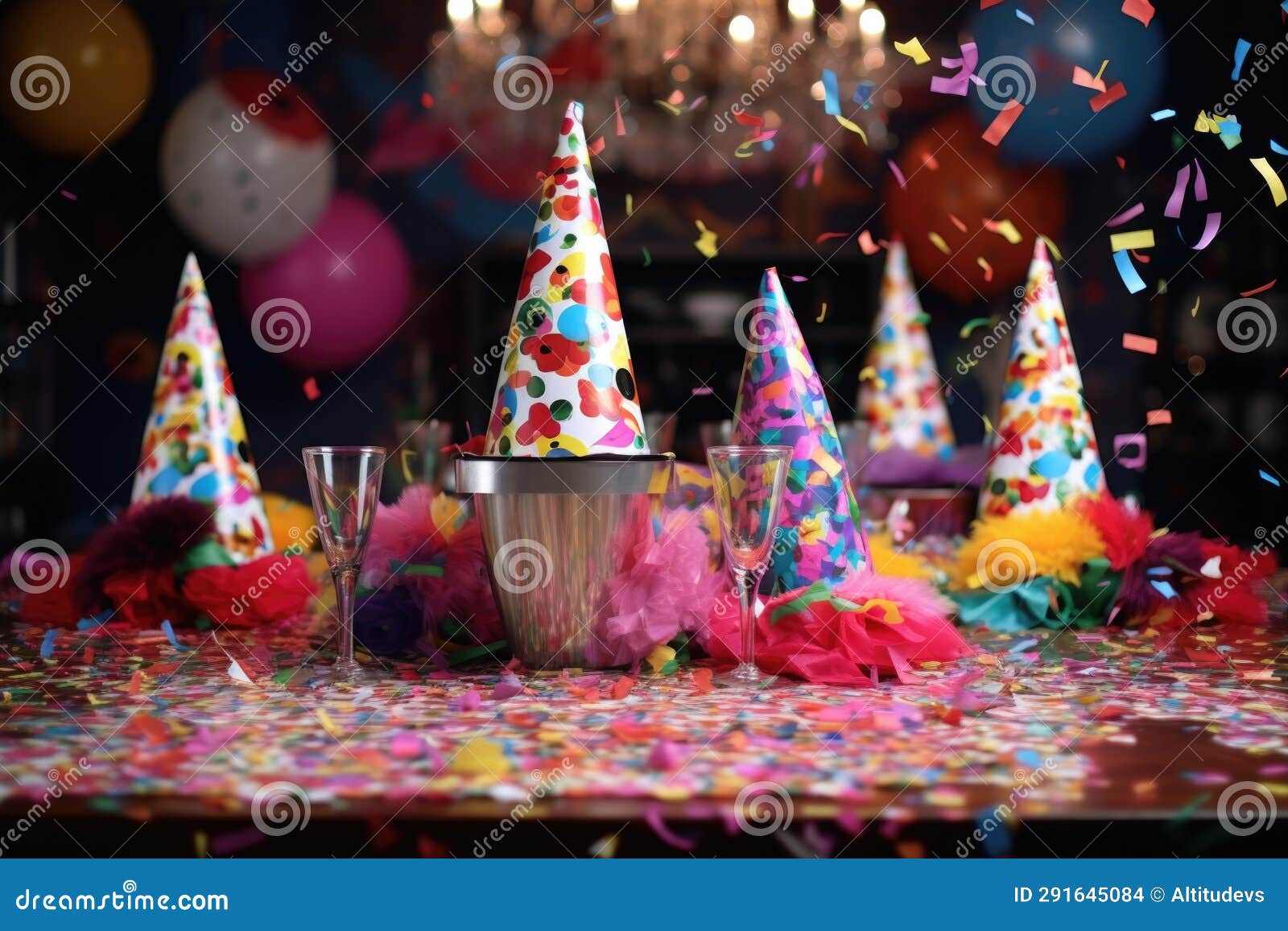 Confetti Spread on a Table with Party Hats and Horns Stock Photo ...